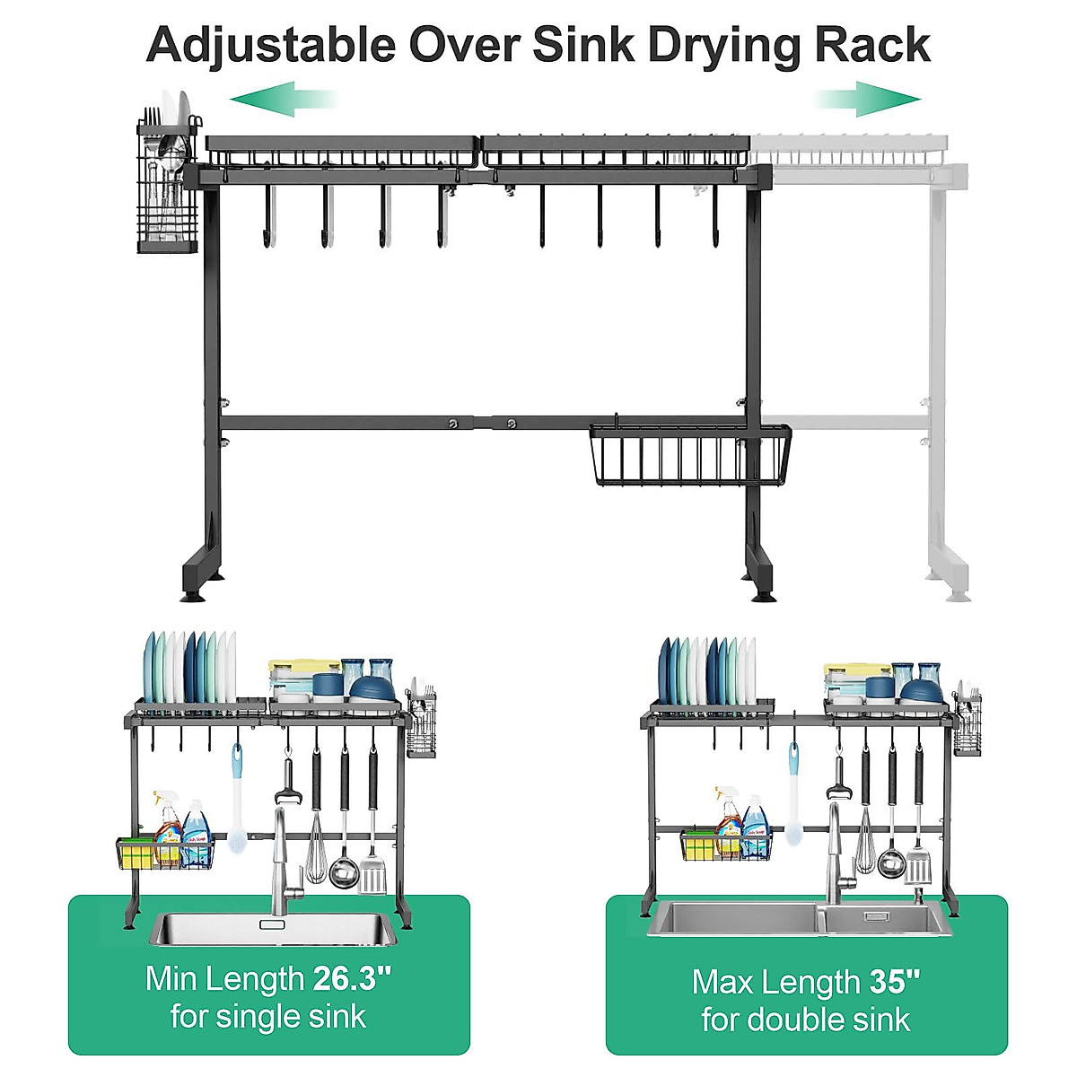 GSlife Over The Sink Dish Drying Rack - Adjustable (26.3"-35") Dish Rack Over Sink with Upper Dual Bars, 3 Baskets, Hooks, Cutlury Holder, Large Dish Drainer Drying Rack for Kitchen Sink, Black