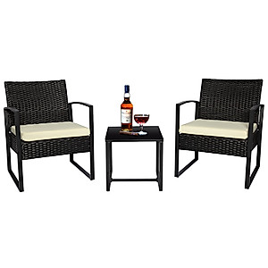3 Piece Wicker Outdoor Patio Furniture Bistro Set, PE Rattan Chair w/Coffee Table, Small Modern Conversation Sets Clearance for Front Porch, Balcony, Garden, Lawn (Beige Cushion)