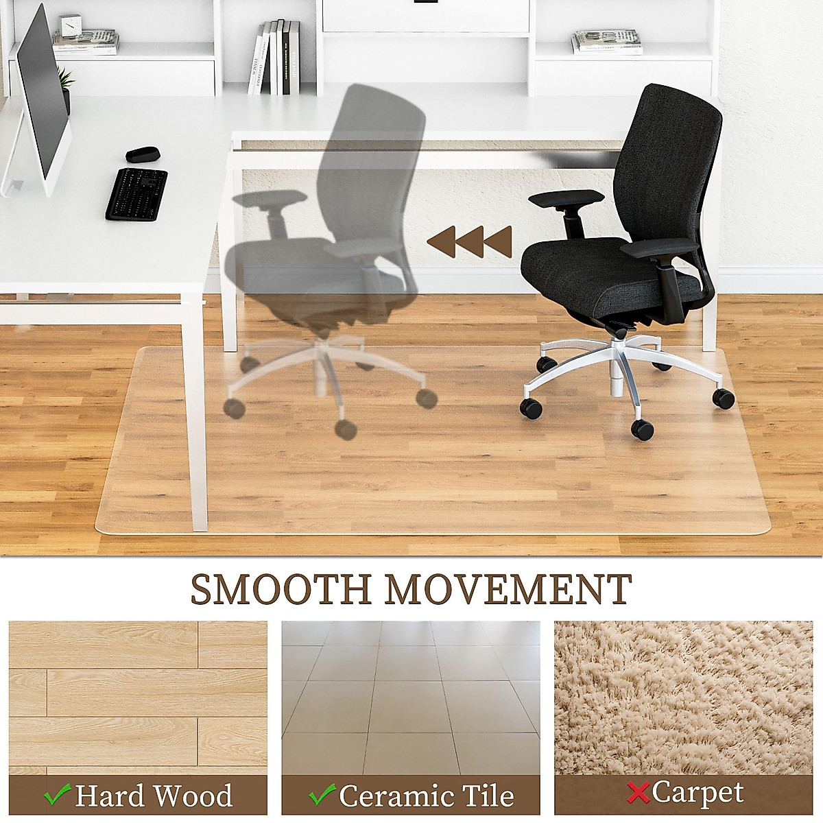 Naturei Large Chair Mat for Hard Floors, 46” x 60” Clear Floor Protector Mat, Easy Rolling Desk Chair Mats for Hardwood, Easy to Clean (Rectangle)