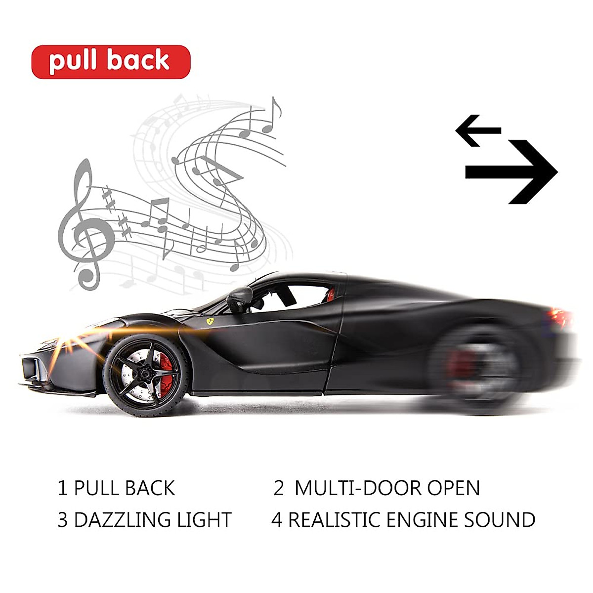 BDTCTK Compatible for 1:22 Ferrari RAFA Toy Model Car, Zinc Alloy Pull Back Car with Sound and Light and Body Door Opened, Toy Car for Kids Boy Girl Gift Black