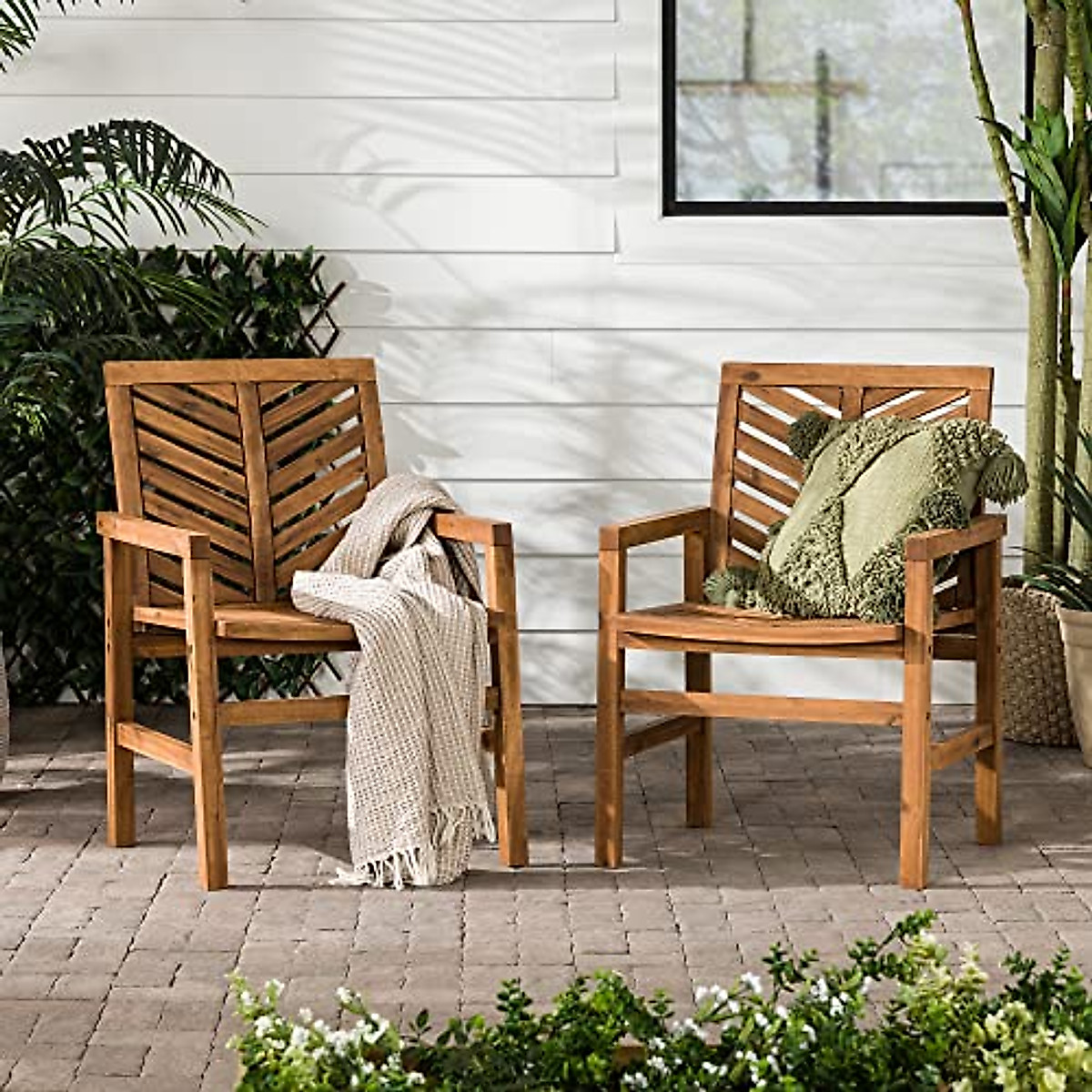 Walker Edison 2 Piece Outdoor Patio Chevron Wood Chair Set All Weather Backyard Conversation Garden Poolside Balcony, Set of 2, Brown