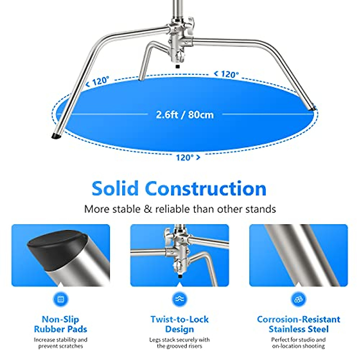 Neewer 100% Stainless Steel C-Stand (2-Pack), Pro Heavy-Duty Photography Light Stand with 4.2ft/1.28m Extension Arm, Grip Head, Turtle Base for Monolight, Softbox, Reflector, Max Height: 10.5ft/3.2m