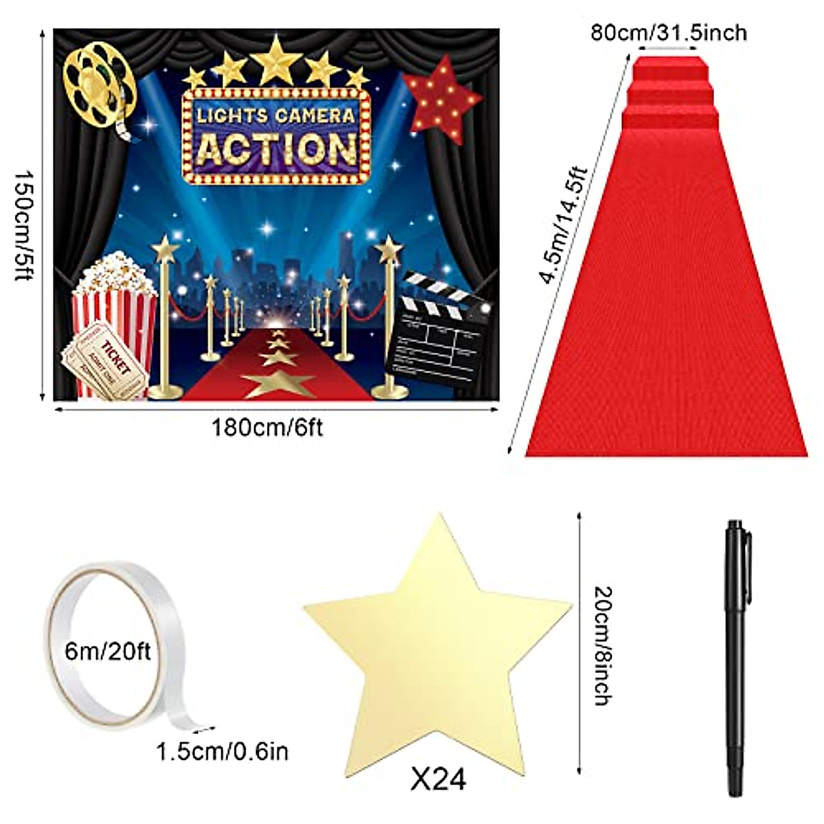 6 x 5 ft Movie Theme Photography Backdrop Red Carpet Party Decorations Runner Red Carpet Runner 2.6 x 15 ft with Carpet Tape and 24 Pieces 8 Inch Gold Star Paper Cutouts for Party Decoration Supplies