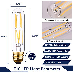 CREATE BRIGHT Candelabra Led Light Bulbs T10 Tubular Edison LED Filament Bulb 8W E26 Daylight White 5000K,Clear Glass,960LM,6 Pack