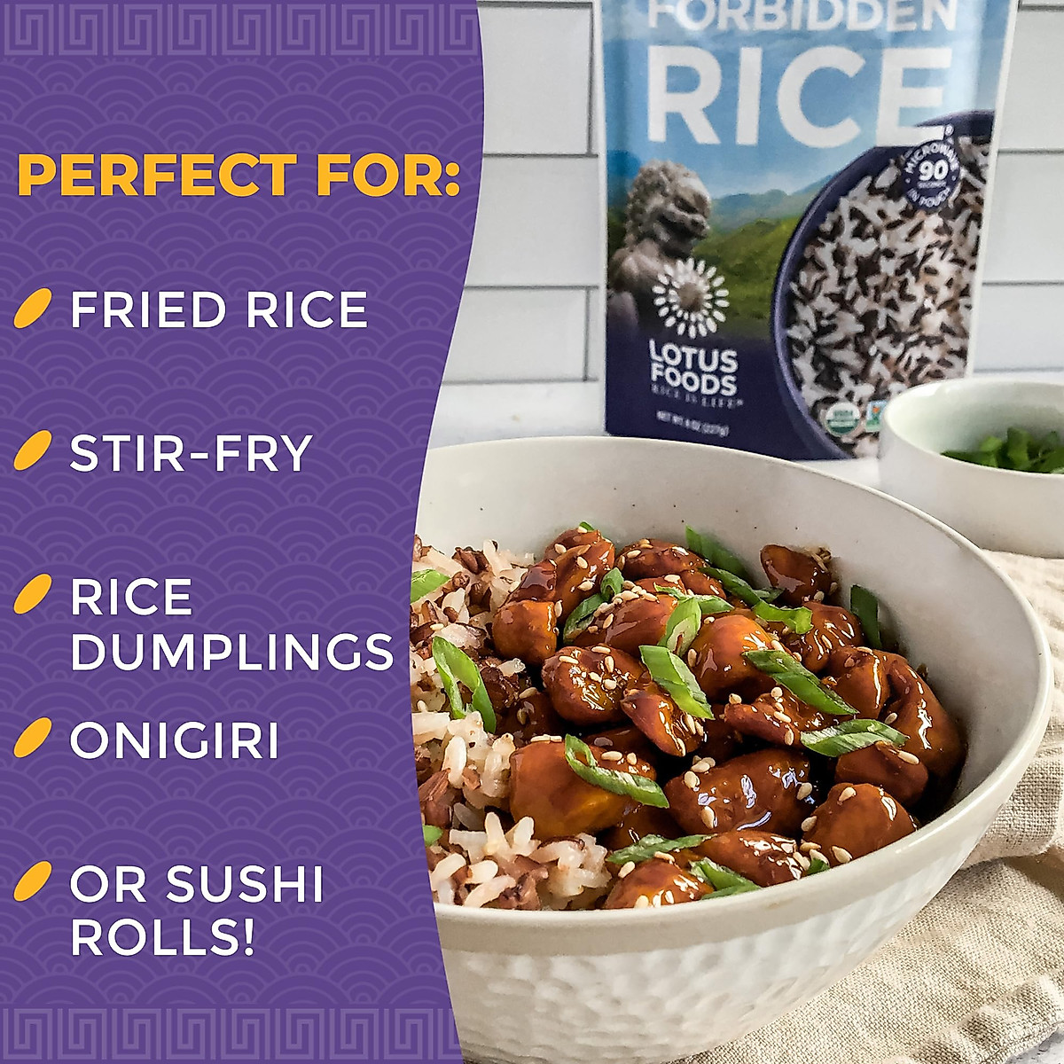 Lotus Foods Organic White Jasmine & Forbidden Rice Heat & Eat Pouch - Jasmine Rice, Gluten Free White Rice, Forbidden Back Rice, Instant Microwave Rice, Pre Cooked, GF, USDA Organic - 8 Oz (6 Pack)