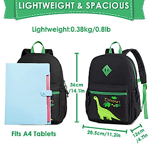 Kasqo Kids Backpack, 14" Toddler Backpack for Little Boys and Girls Kindergarten Preschool Bookbag With Chest Strap, Black Dinosaur