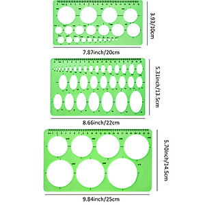 Circle Template 3 Pieces Plastic Circle and Oval Templates Measuring Templates Rulers Digital Drawing for Office and School Building Formwork Drawings Templates (Clear Green)