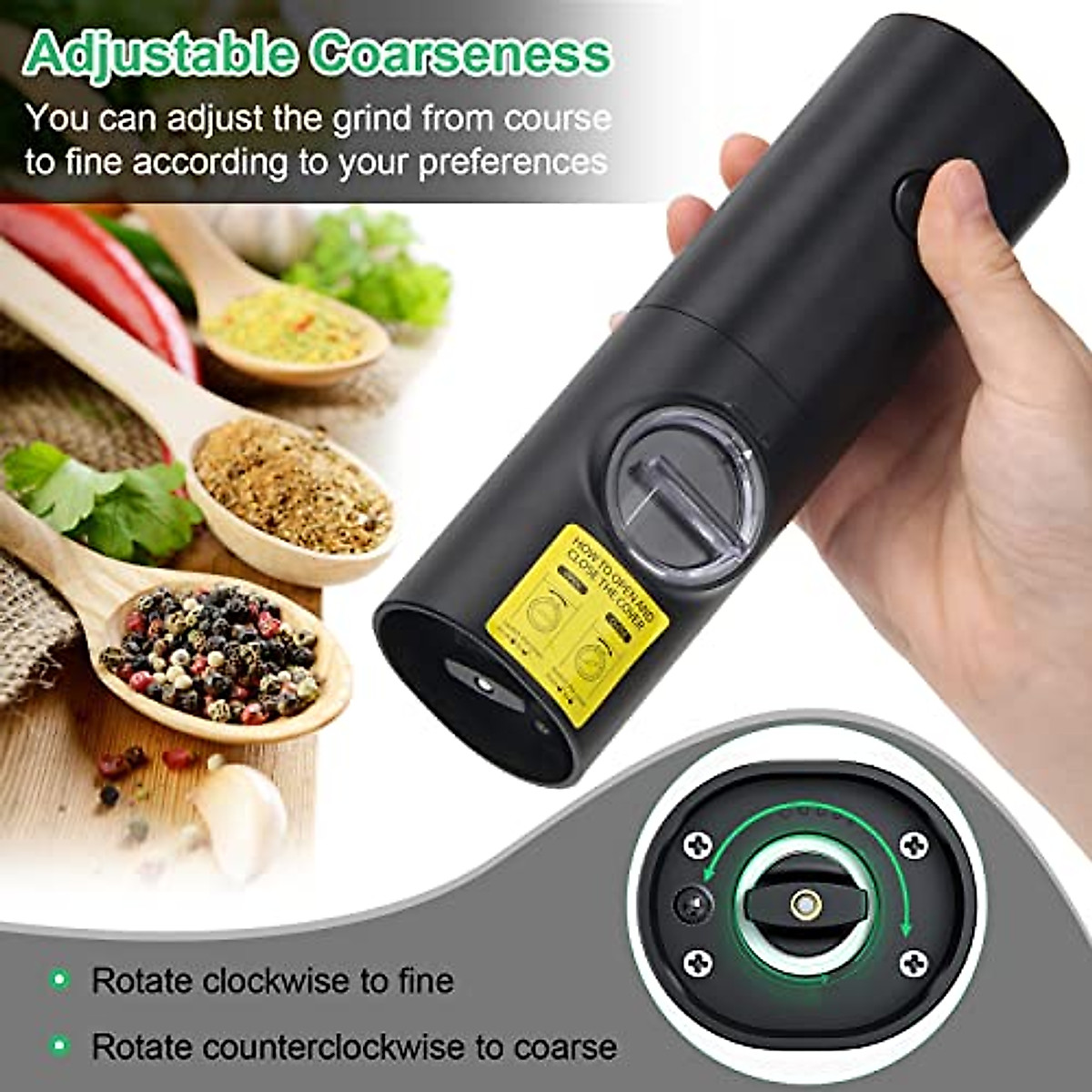 2 Pack-Electric Salt and Pepper Grinder Set, Coldairsoap Automatic Salt Pepper Mill Grinder with LED Light, Adjustable Coarseness, One-Hand Operation for Kitchen BBQ, Battery Operated Salt Grinder