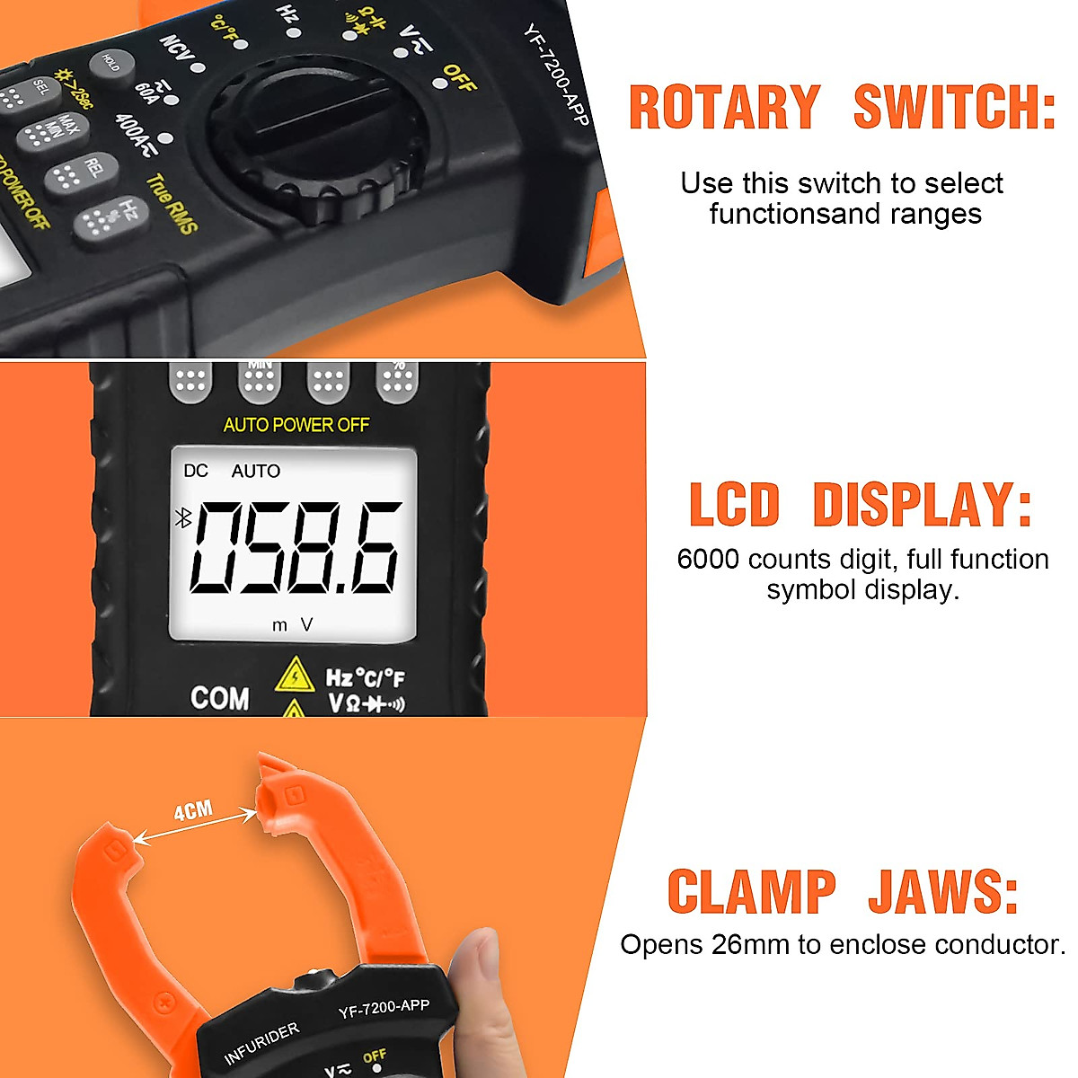 Wireless Bluetooth Clamp Meter, INFURIDER YF-7200APP 6000 Counts Auto-Ranging Digital Voltmeter Ammeter Measures DC AC Volt Amp Ohm Clamp on Multimeter with Capacitance,Temp,Diode Tester