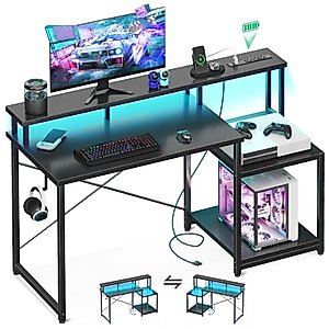 AODK Computer Desk, 48 Inch Gaming Desk with Led Lights & Power Outlet, Office Desk with Printer Storage Shelves, Reversible Desk with Monitor Shelf & Headphone Hook, Carbon Fiber Black