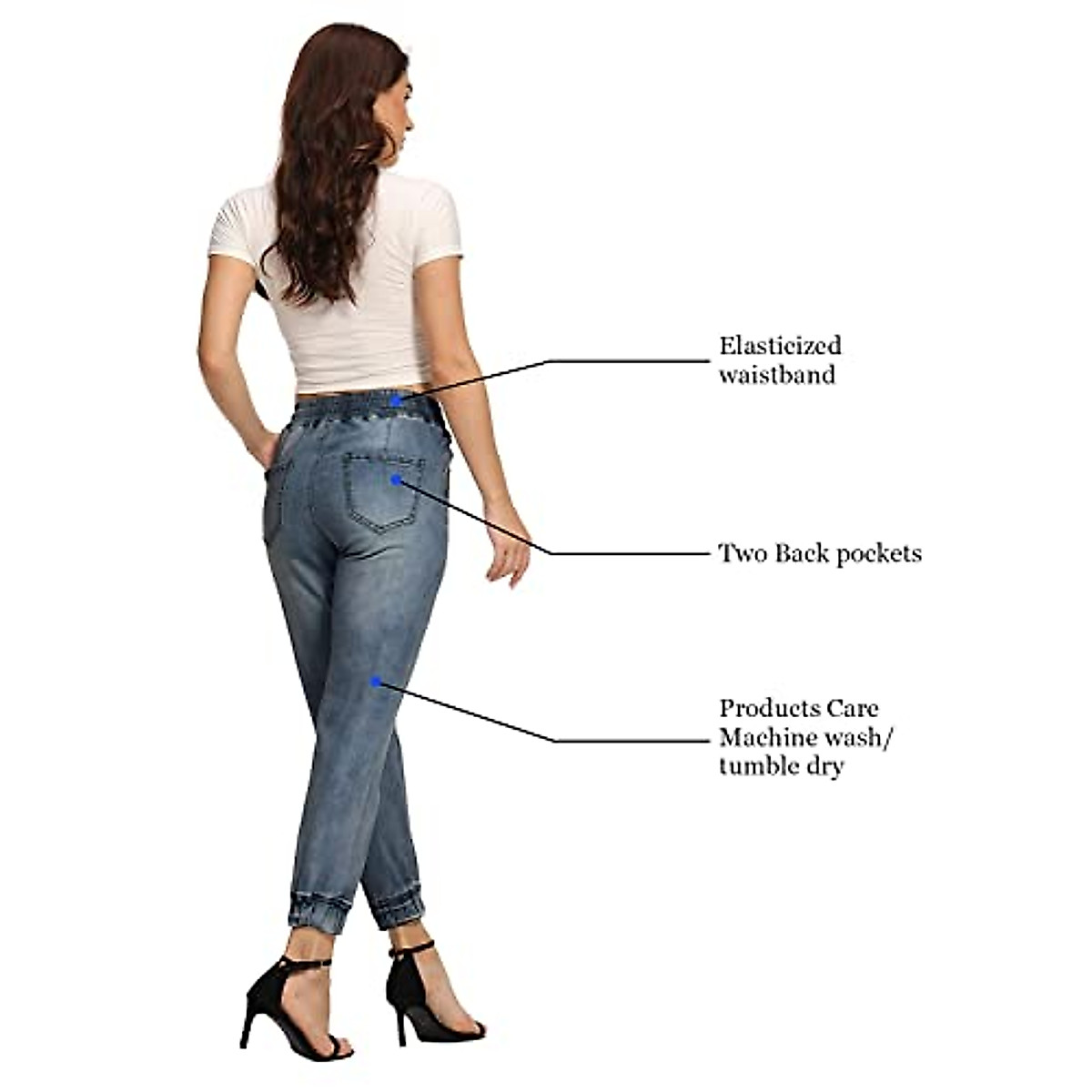 V VOCNI Women's Joggers Denim Sport Fit Drawstring Waist Side Pockets Casual Jeans Dark Blue X-Large