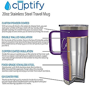 Personalized Travel Mug with Handle and Name Purple Matte Finish Custom Laser Engraved 20 oz Stainless Steel Vacuum Insulated Coffee Cup with Lid