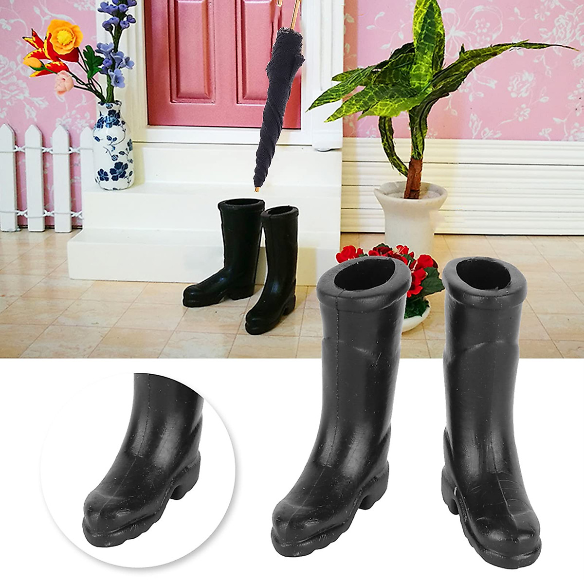 Set of 2, 1:12 Dollhouse Miniature Umbrella with Rain Boots(Black)
