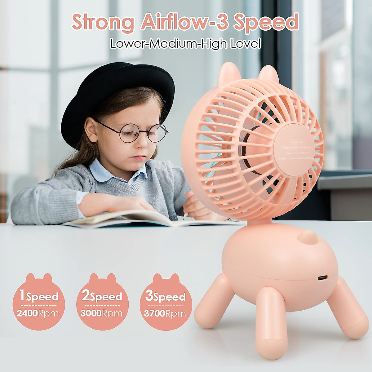 8 Inch Oscillating Small Desk Fan, 4 Speeds Portable Rechargeable Mini Fan with Puppy-Shape,Rotatable Table USB Personal Desktop Fan with Anti-slip Adjustable Rear Legs for Home/Office /Outdoor, Pink