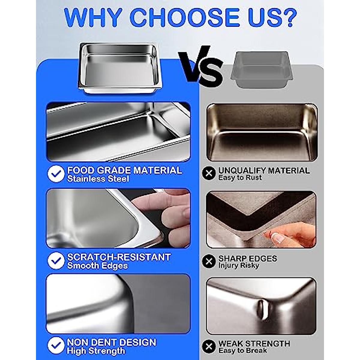 WantJoin 1/2 Half Size Steam Table Pans, 6-Pack 2.5 Inch Deep Restaurant Steam Table Pans Commercial, Hotel Pan Made of 201 Gauge Stainless Steel