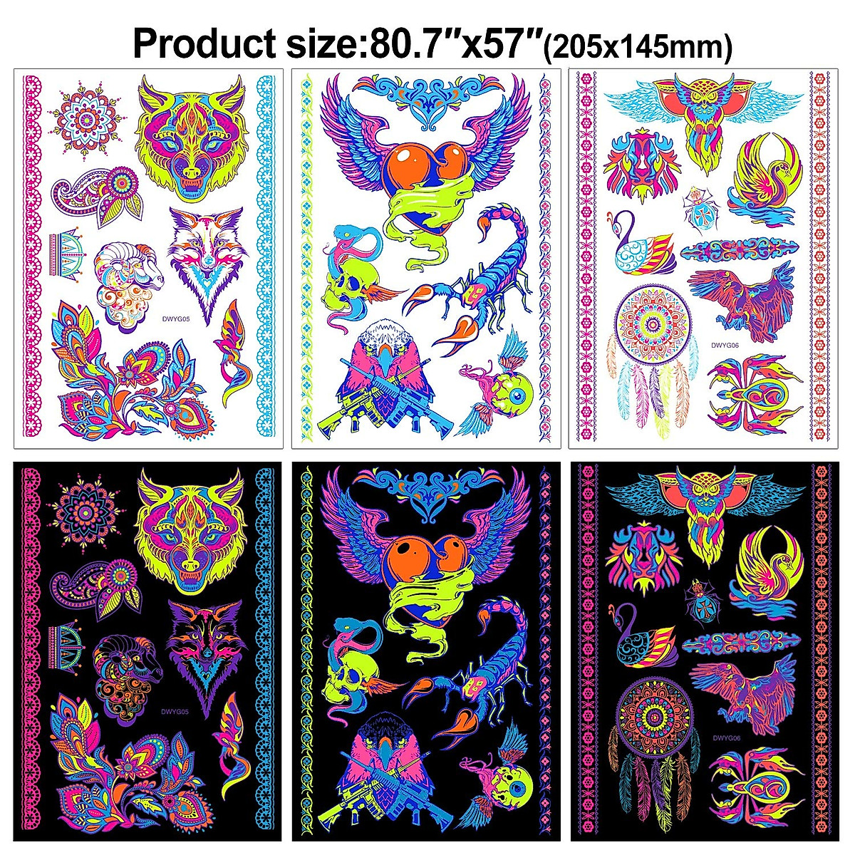 HOWAF 8 Large Sheets Neon Temporary Tattoos, 100+ Shimmer Designs Glow UV Neon Body Face Skin Tattoo Wolf Jewellery Tattoos Flash Fake Waterproof Tattoo Stickers for Women Men Girls Body Art