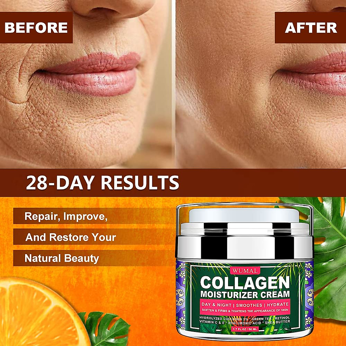 WUMAL Collagen Retinol Cream - Hydrates, Firms and Brightens Skin - Face Moisturizer for All Skin Types - 1.7oz