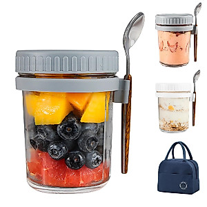 FHDUSRYO 3PCS Overnight Oats Containers with Lids and Spoon, 10oz Overnight Oats Jars, Large Airtight Oatmeal Container with Bag, Glass Mason Jars for Cereal Fruit Milk Salad Meal Prep (White+Grey)