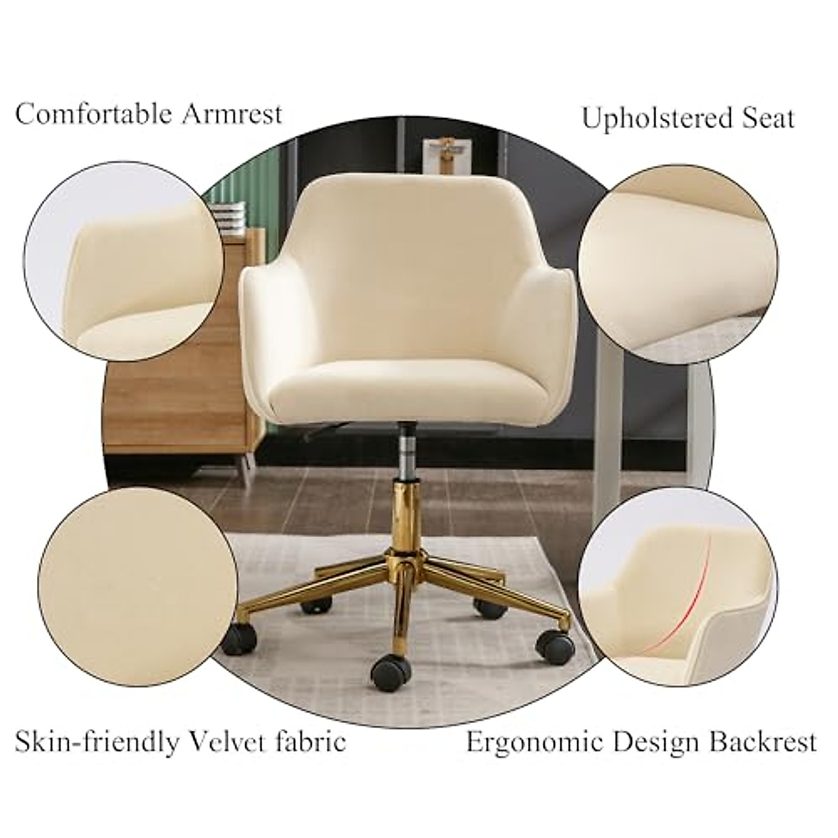 Yoluckea Modern Velvet Home Office Chair, Adjustable Swivel Office Chair for Living Room,Cute Desk Chair for Teen Girl,Upholstered Task Accent Chair Executive Vanity Chair Cream White