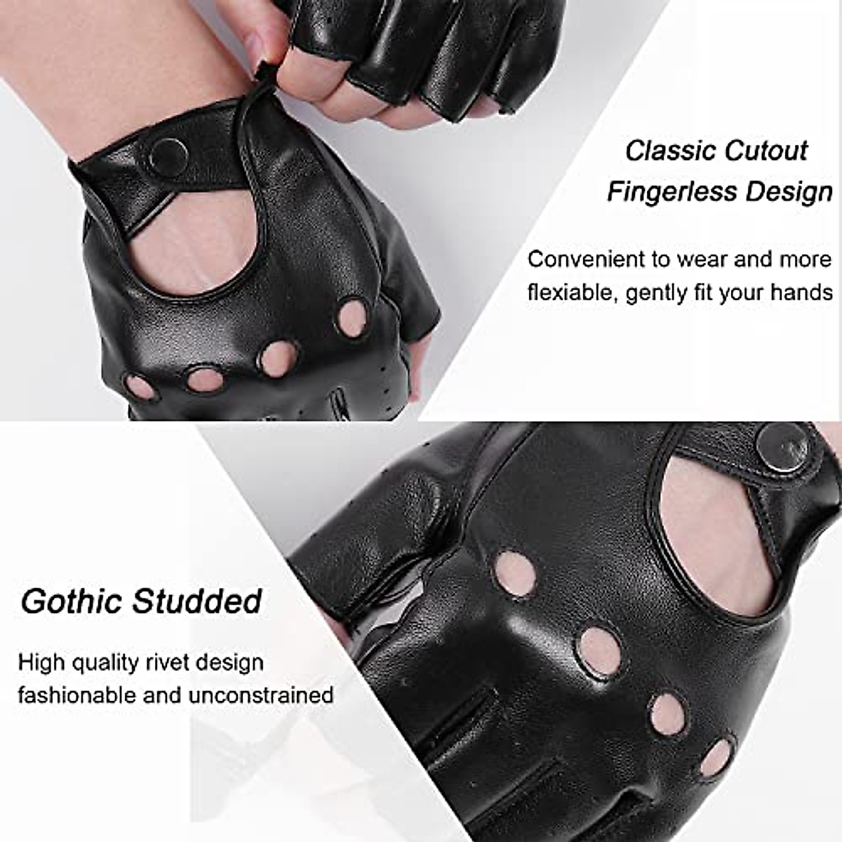 FLORVIV Black Fingerless Gloves PU Faux Leather Goth Cosplay Costume Punk Halloween Performance for Men