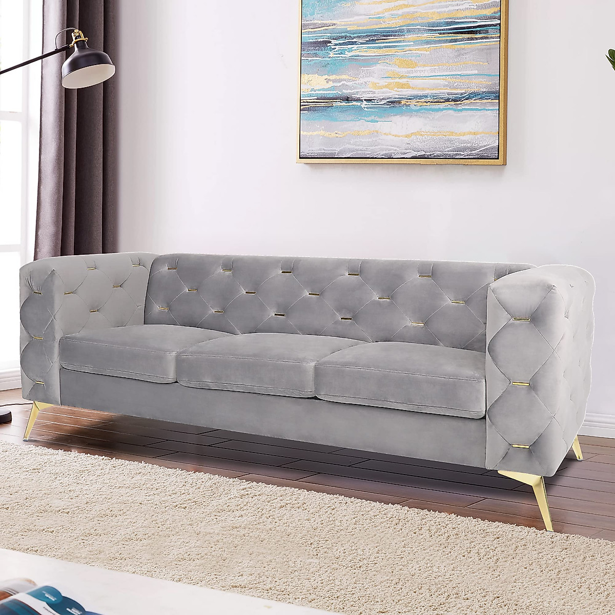 LEVNARY Modern Chesterfield Sofa, Velvet Button Tufted Upholstered 3 Seater Couch, 84 Inches Settee Sofa with High Arm and Golden Metal Legs, Couches for Living Room Bedroom Office (Gray)