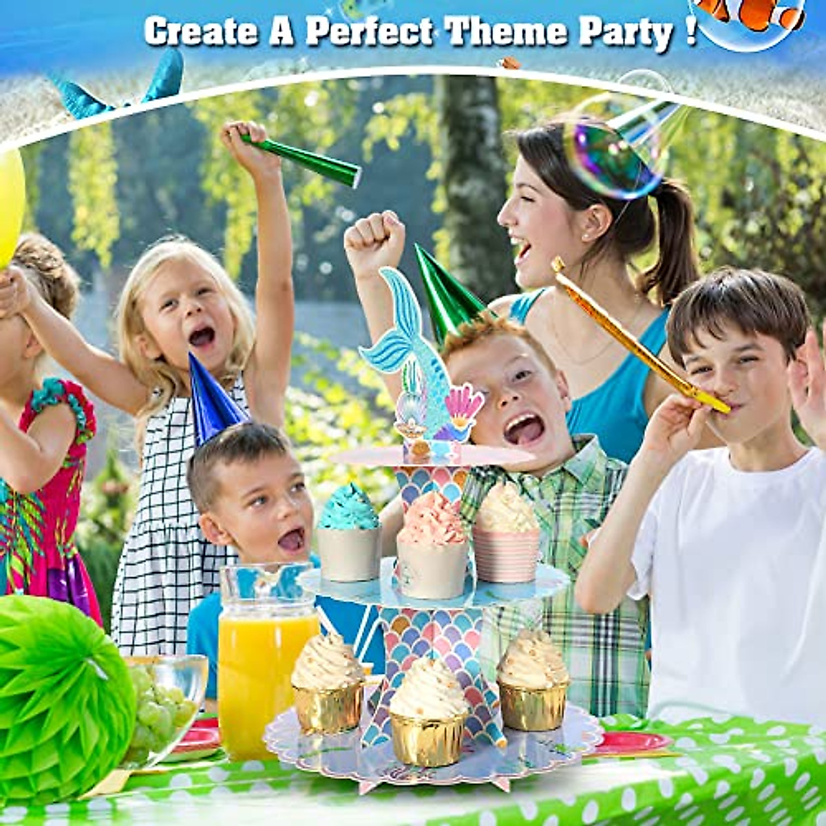 Creatyi Cupcake Stand 3 Tier Round Mermaid Cupcake Stand Unique Cupcake Holder Cupcake Tower Display Perfect for Birthday Baby Shower New Year and Christmas Party Supplies (Mermaid, 1 PCS)