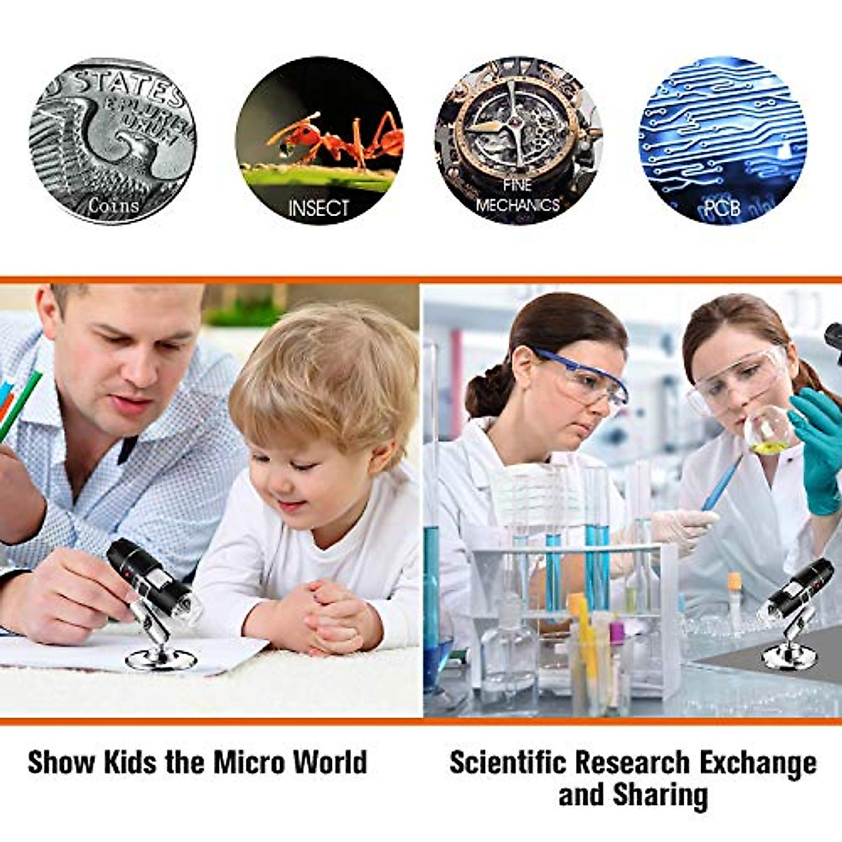 USB Microscope,1000x Magnification Endoscope, 8 LED USB 2.0 Digital Microscope, Mini Camera with OTG Adapter and Metal Stand, Compatible with Mac Window 7 8 10 Android Linux (Black)