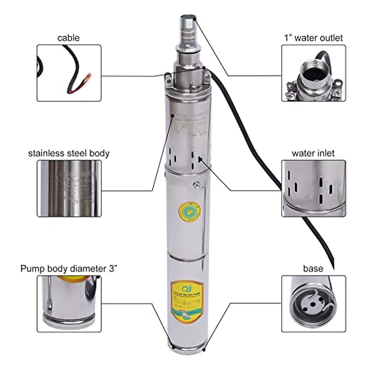 Submersible Deep Well Pump Solar Water Pump DC 24V 370W Stainless Steel Screw Pump, 213ft Lift 8.8GPM Flow, Agricultural Irrigation Pump Solar Water Circulating System
