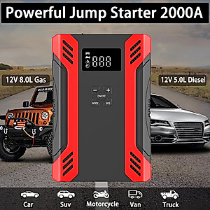 Gehopow 12V / 2000A Car Battery Jump Starter with Air Compressor for 8.0L Gas / 5.0L Diesel, Car Jump Box Battery Booster with 150PSI Tire Inflator with QC3.0 / DC12V / Compass/LED Light