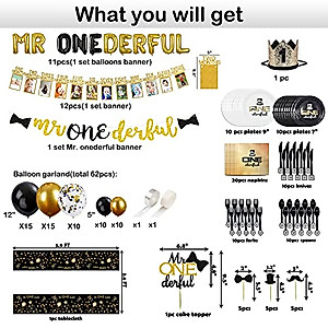 179pcs Mr Onederful 1st Birthday Party Supplies Decorations, Mr Onederful Balloons Banner Cake Cupcake Topper Photo Banner Balloon Garland Arch, Plates Knives Forks Spoons Napkins Flatware Tablecloth for Boy 1st Bday