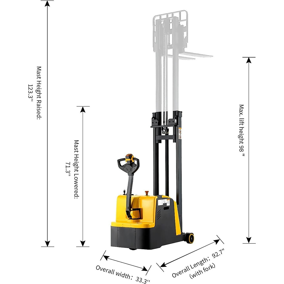 Apollo Counterbalanced Stacker Full Electric Lift 2200 Lbs Capacity 98" Lifting Height Material Hydraulic Lifter, Adjustable Forks with Tilt Function