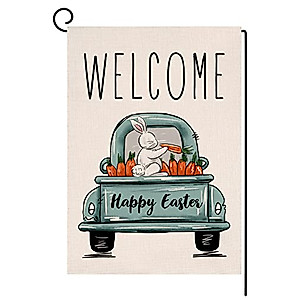 Sambosk Easter Bunny Carrot Small Garden Flag Vertical Double Sided Burlap Happy Easter Truck Spring Farmhouse Yard Outdoor Decoration 12 x 18 Inches