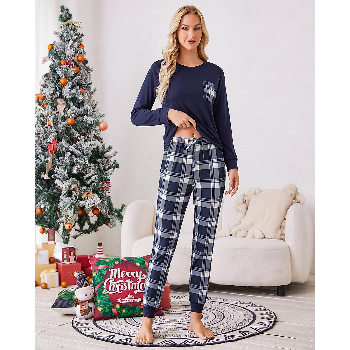 difficort Pajama Sets for Women Soft Two Piece Christmas Pjs Long Sleeve Holiday Pajamas with Pockets, Navy, Large