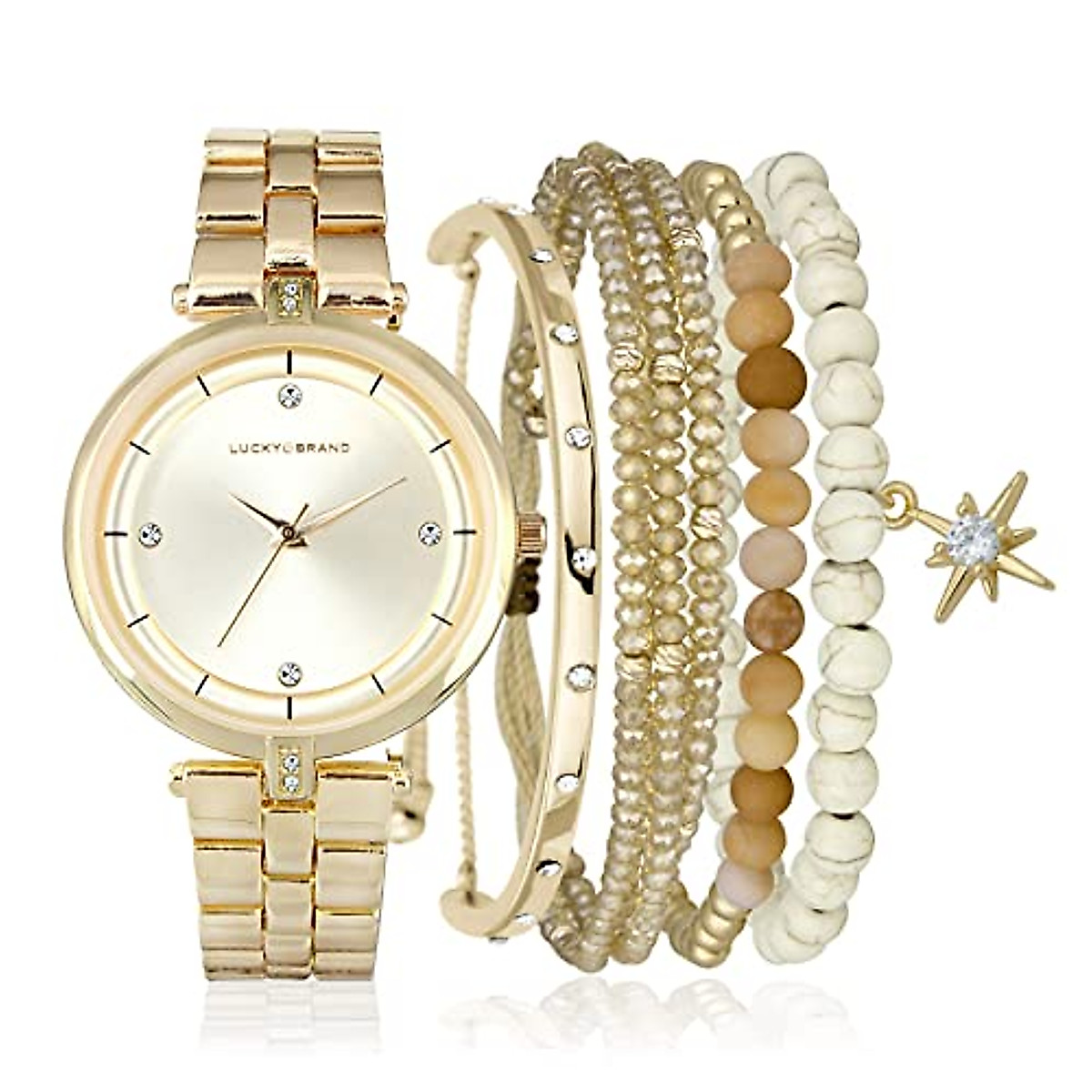 Lucky Brand Watches for Women Fashion Stainless Steel Crystal-Accented Minimalist Quartz Movement Women's Wrist Watches Bracelet Gift Box Set (Gold)