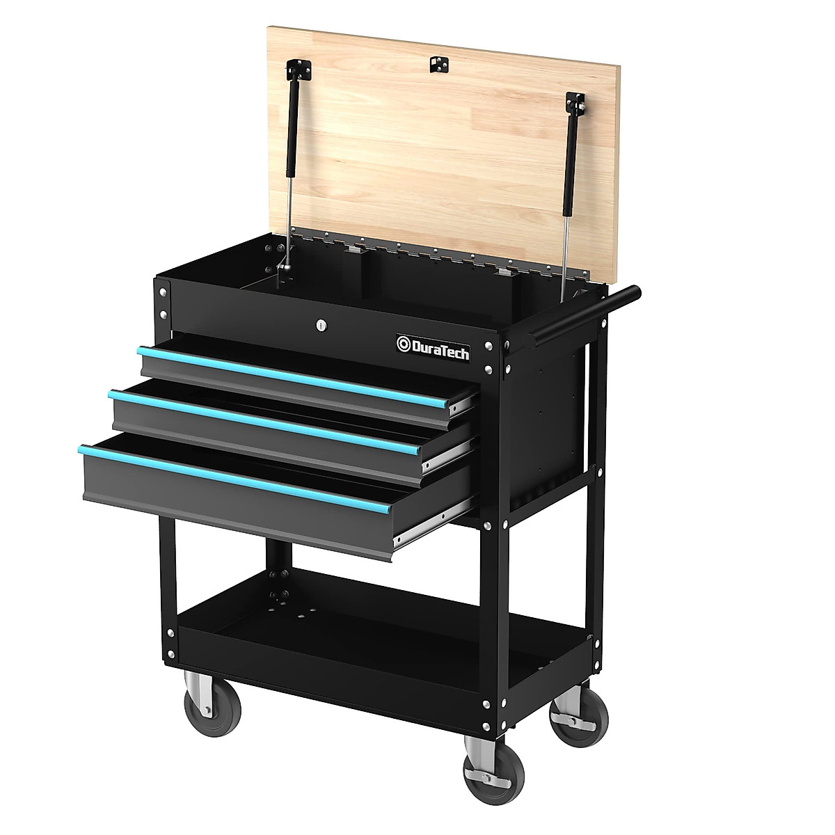 DURATECH 30-1/2 in 3-Drawer Rolling Tool Cart with Wood Top, Heavy Duty Storage Organizer Cabinet, Utility Industrial Service Cart with Casters and Locking System for Mechanics Warehouse Garage