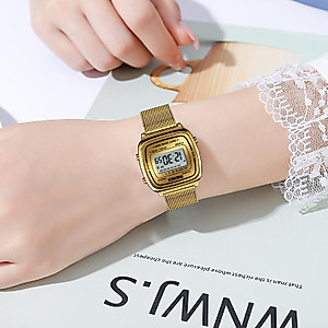 MASTOP Women's Digital Watches Ultra-Thin Gorgeous Simple Petite Wrist Watches Small Dial Mesh Steel Bracelet (Gold)