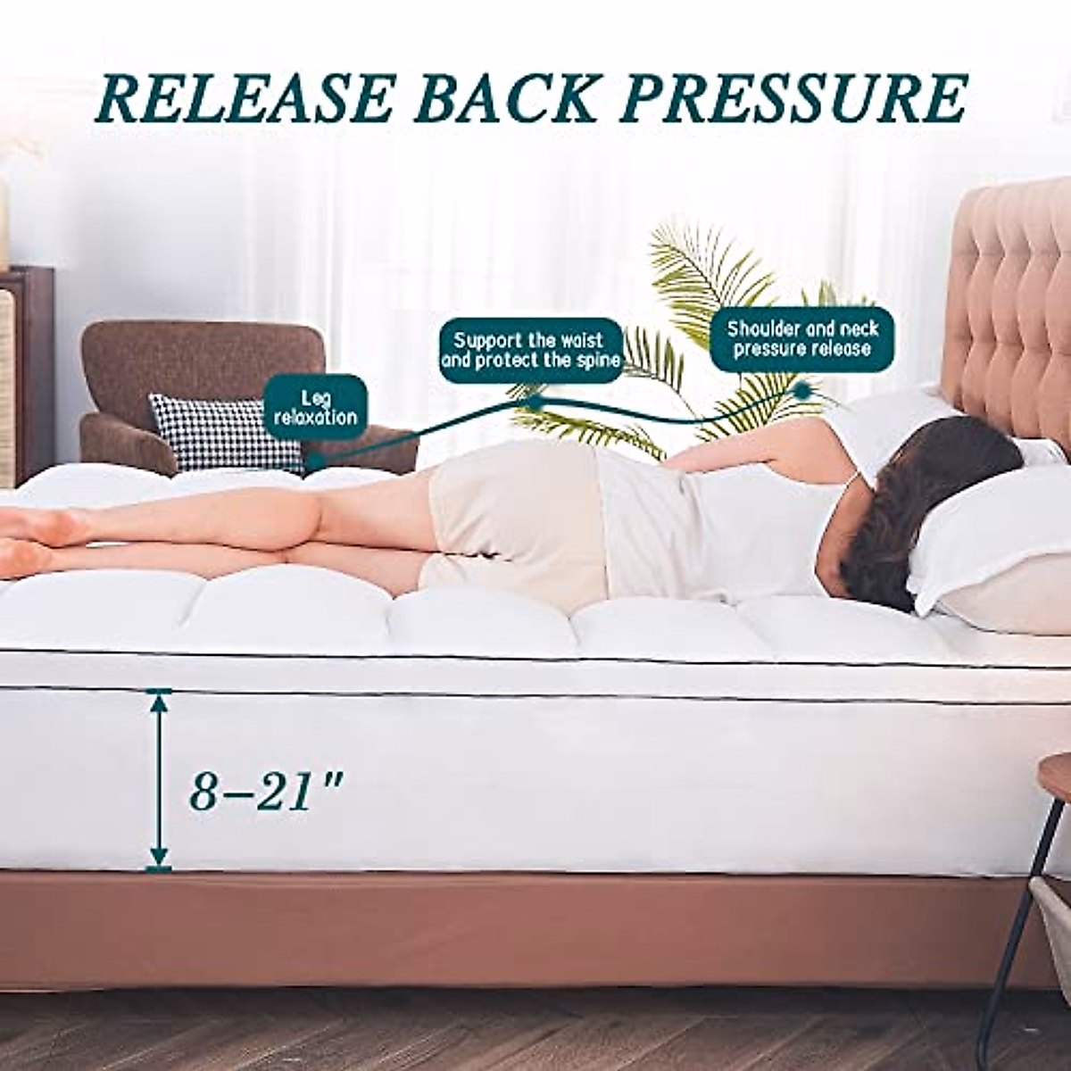 CYMULA Mattress Topper Queen, Cooling Mattress Pad Cover, Extra Thick Pillow Top Mattress Topper with 8-21 Inch Elasticated Deep Pockets, Plush Down Alternative Fill Mattress Protector