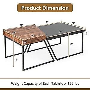 Giantex Stacking Coffee Table Set of 2, Black & Brown Modern Side Table with Powder Coated Metal Legs, Trapezoid Nesting Table for Living Room, Office, Bedroom, Black + Brown