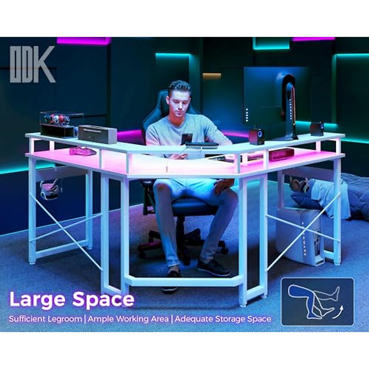 ODK L Shaped Gaming Desk with LED Lights & Power Outlets, 51" Computer Desk with Full Monitor Stand, Corner Desk with Cup Holder, Gaming Table with Hooks, White Carbon Fiber