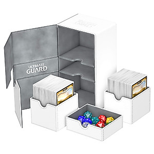 Ultimate Guard Flip 'n' Tray 200+, Deck Case for 200 Double-Sleeved TCG Cards +Dice Tray, White/Grey, Independent Magnetic Closure & Microfiber Lining