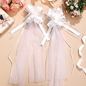 FineCheer 12 Set Large Wedding Pew Bows with Long Tulle Tails Wedding Pew Bows Church Chair Aisle Decorations Wedding Car Decoration Big Bows for Bridal Shower Reception Birthday Anniversary(White)