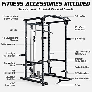 Mappding 1500 LBS Power Cage, Squat Rack for Home Gym with LAT Pullup System with 3 Grip Variation, T Bar, Leg Hold-Down Attachment, Weight Cage with More Training Attachment for Garage Workout, Black