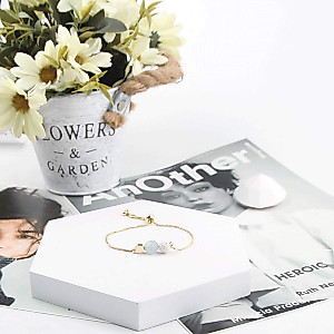 Jardme Essential Oil Diffuser Bracelet, Lava and Rose Quartz Essential Oil Bracelet, Rose Quartz Gemstone Bracelet, Adjustable Gold Bracelet (Blue Aquamarine-14K)