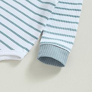 Newborn Baby Boy Girl Clothes Ribbed Knitted Long Sleeve Romper Pants Solid Cotton Infant Fall Winter Outfits 2Pcs (Striped Blue, 0-3 Months)