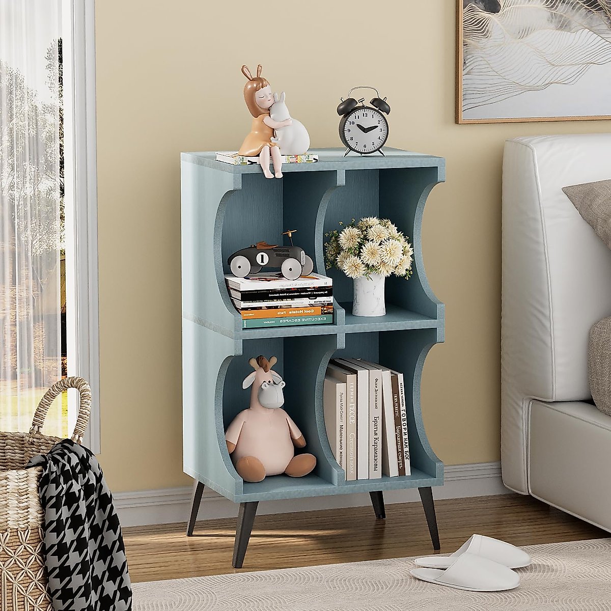 Aenuert Bookcase 4 Cube Bookshelf,Blue Open Cube Small Book Shelf Circle Arc Storage Shelf Display Cabinet Organizer,2 Tiers Modern Wooden Bookcase with Cubby Storage for Living Room,Bedroom,Office