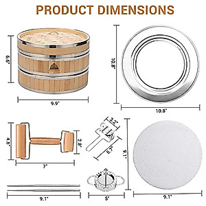 CrownSpire - bamboo steamer 10 inch - bamboo steamer basket - for vegetables + sea food + dumpling cutter + Stainless Steel chopsticks - adapter ring - reusable silicone liners - rolling pin