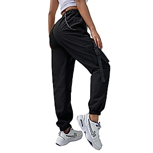 DIDK Women's High Waisted Flap Pocket Solid Jogger Cargo Pants with Chain Black M