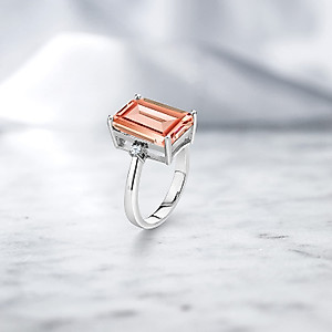 Gem Stone King 925 Sterling Silver Peach Nano Morganite and White Created Sapphire Ring For Women (6.38 Cttw, Emerald Cut 14x10MM, Gemstone October Birthstone, Available In Size 5, 6, 7, 8, 9)