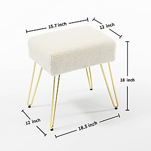 C COMFORTLAND Sherpa Fuzzy Bedroom Stool for Vanity Desk, Small Fluffy Makeup Chair for Dressing Table, Furry Rectangle Ottoman Foot Stool Bench for Bathroom, Living Room, Kids Room White