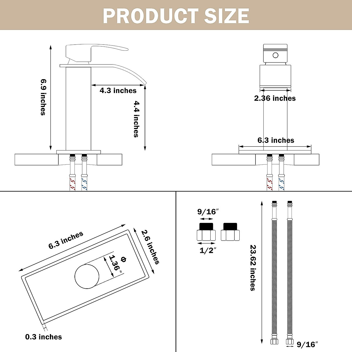 Qomolangma Waterfall Bathroom Faucet, Matte Black Modern Single Handle Bathroom Faucets for 1 or 3 Hole Bathroom Sink Faucet Mixer Tap Washbasin Faucet with Deck, Pop-up Drain and Supply Hoses